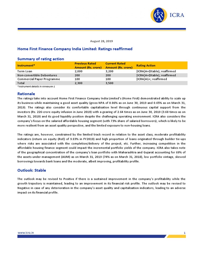 Home First Finance Aug 2019 ICRA | PDF | Leverage (Finance) | Loans
