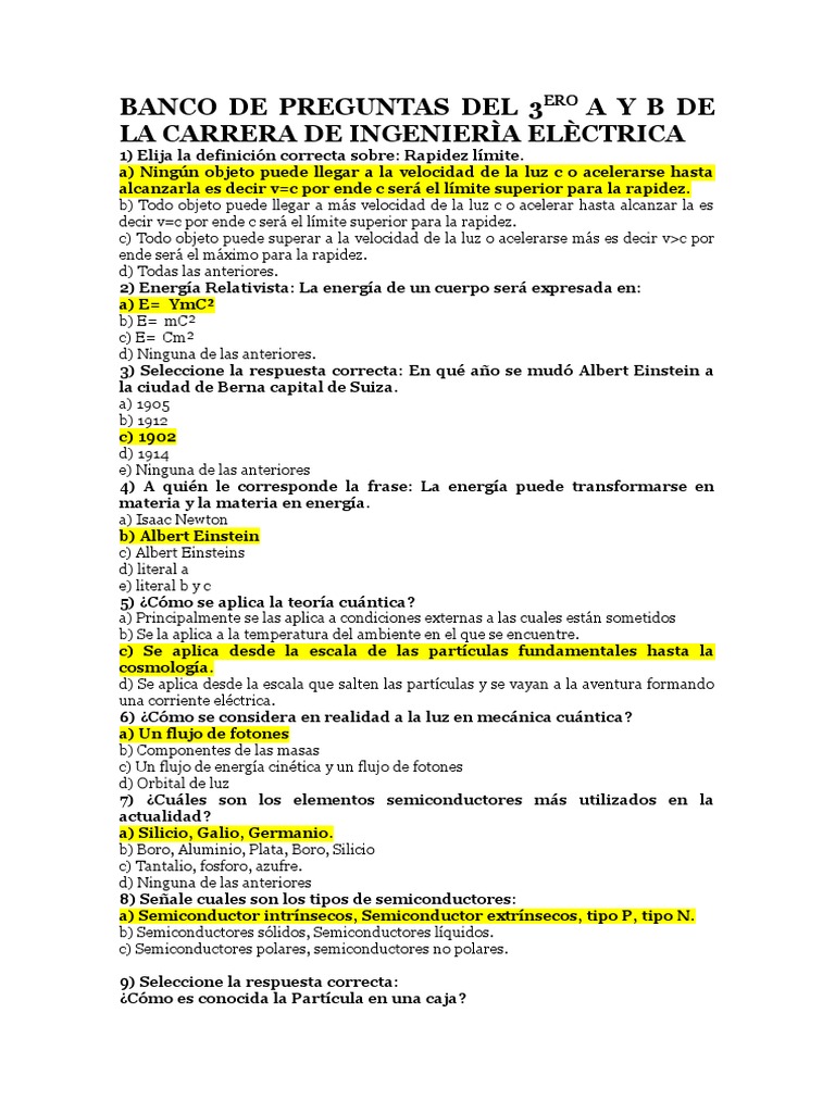 Banco de Preguntas Fisica 3 A y B | PDF | Semiconductores | Electrón