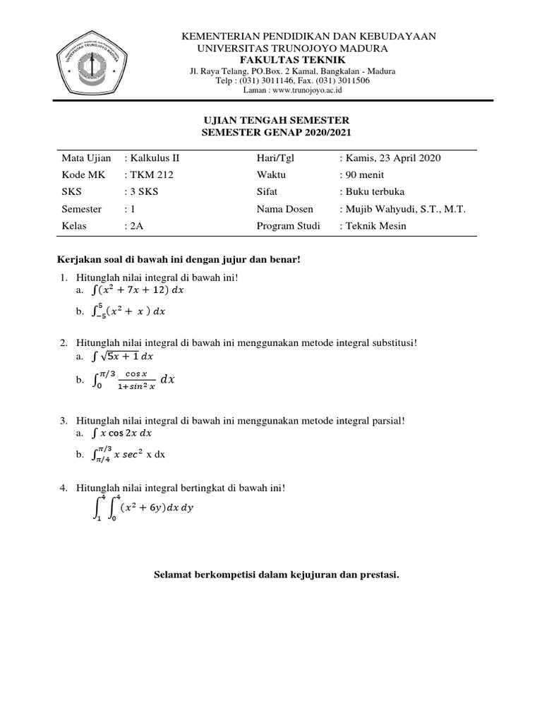 Soal UTS Kalkulus 2-A | PDF