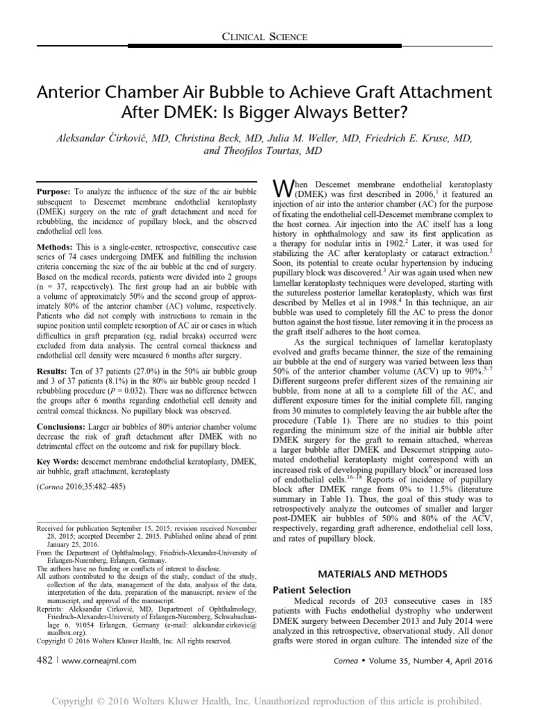 Anterior Chamber Air Bubble To Achieve Graft Attachment After DMEK: Is ...