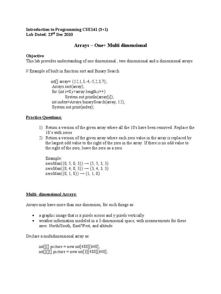 Arrays - One+ Multi Dimensional: Introduction To Programming CSE141 (3 ...