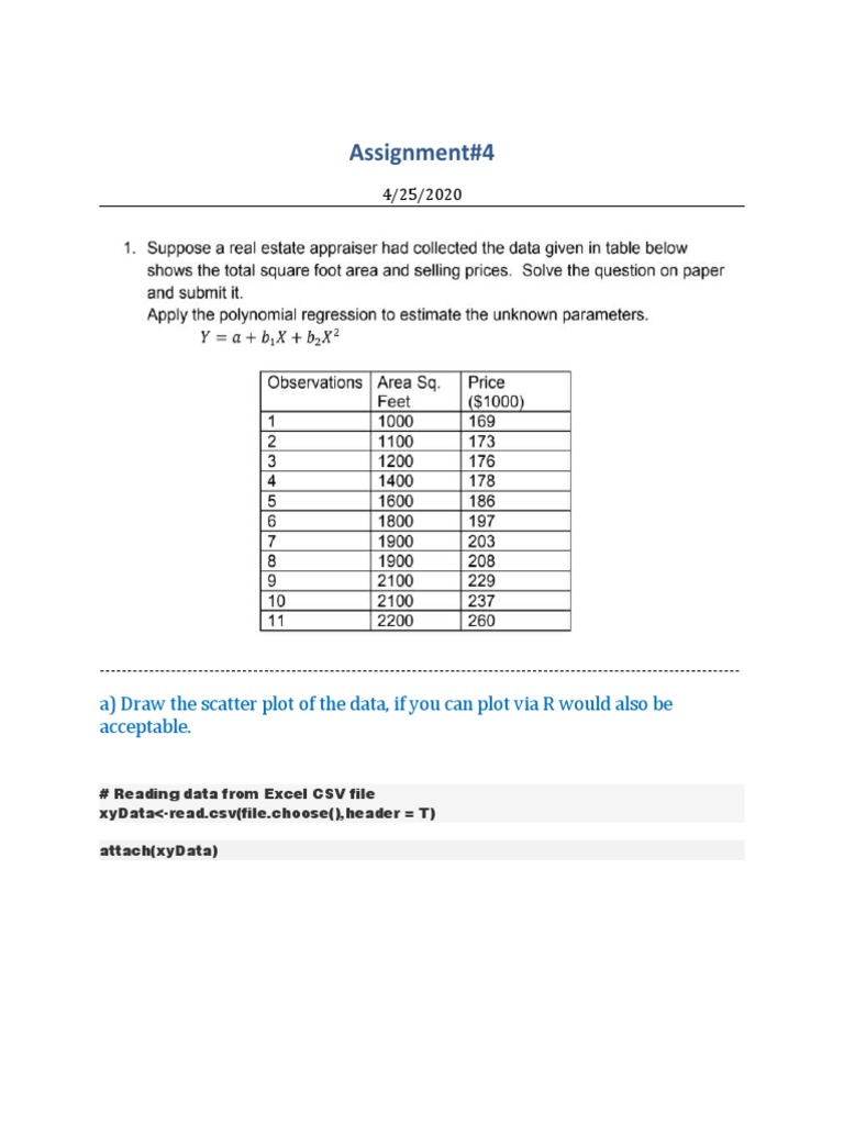 Assignment#4: A) Draw The Scatter Plot of The Data, If You Can Plot Via ...