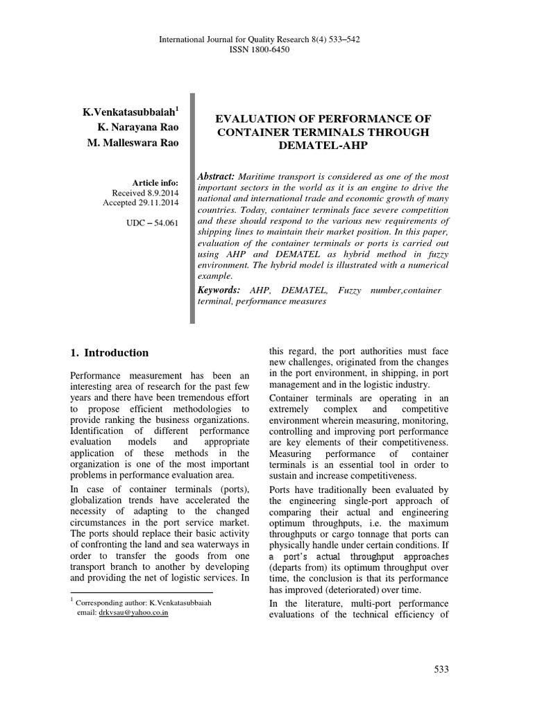 Evaluation Of Performance Of Container Terminals T Pdf Pdf