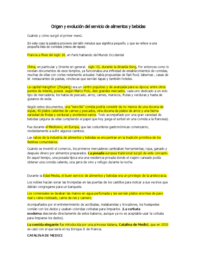 Origen y Evolucion Menu y Del Servicio de Alimentos y Bebidas | PDF ...