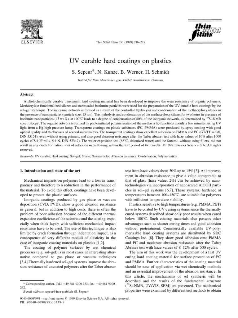 Uv Curable Hard Coatings On Plastics | Download Free PDF | Wear ...