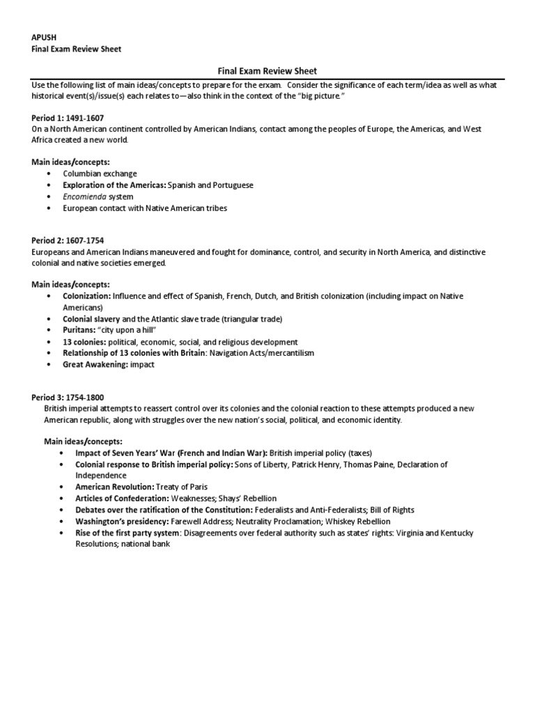 APUSH Final Exam Review Sheet 2020 PDF | PDF | Colonialism | Thirteen ...