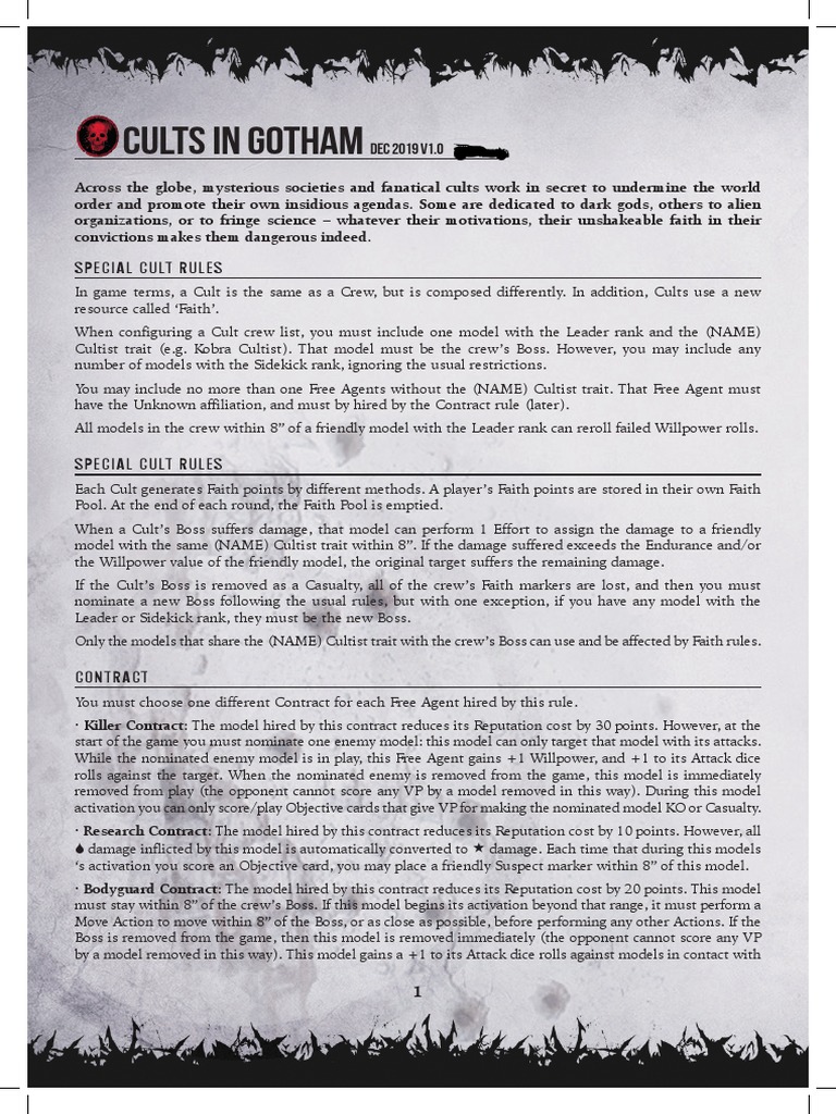 Cults IN Gotham: Special Cult Rules | PDF | Violence | Leisure