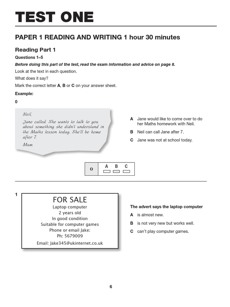 Test One: PAPER 1 READING AND WRITING 1 Hour 30 Minutes | PDF ...