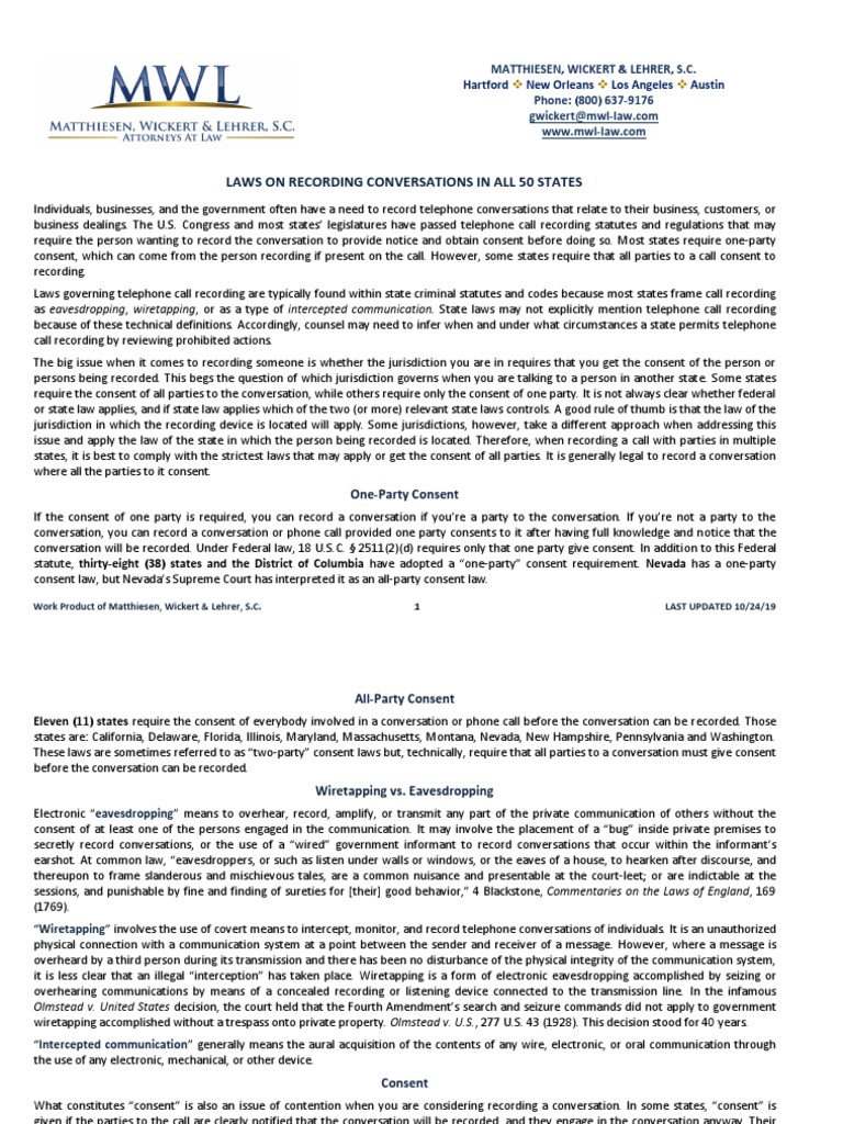Recording Conversations Chart | PDF | Telephone Tapping | Public Law