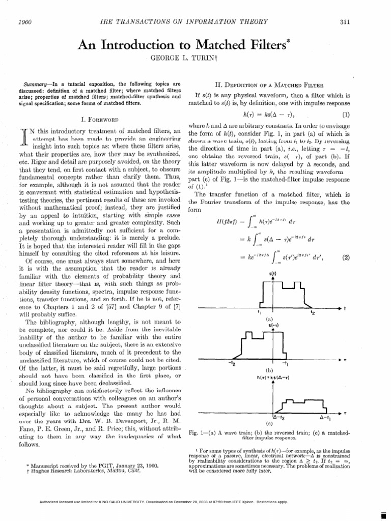 An Introduction To Matched Filter | PDF | Spectral Density | Filter ...