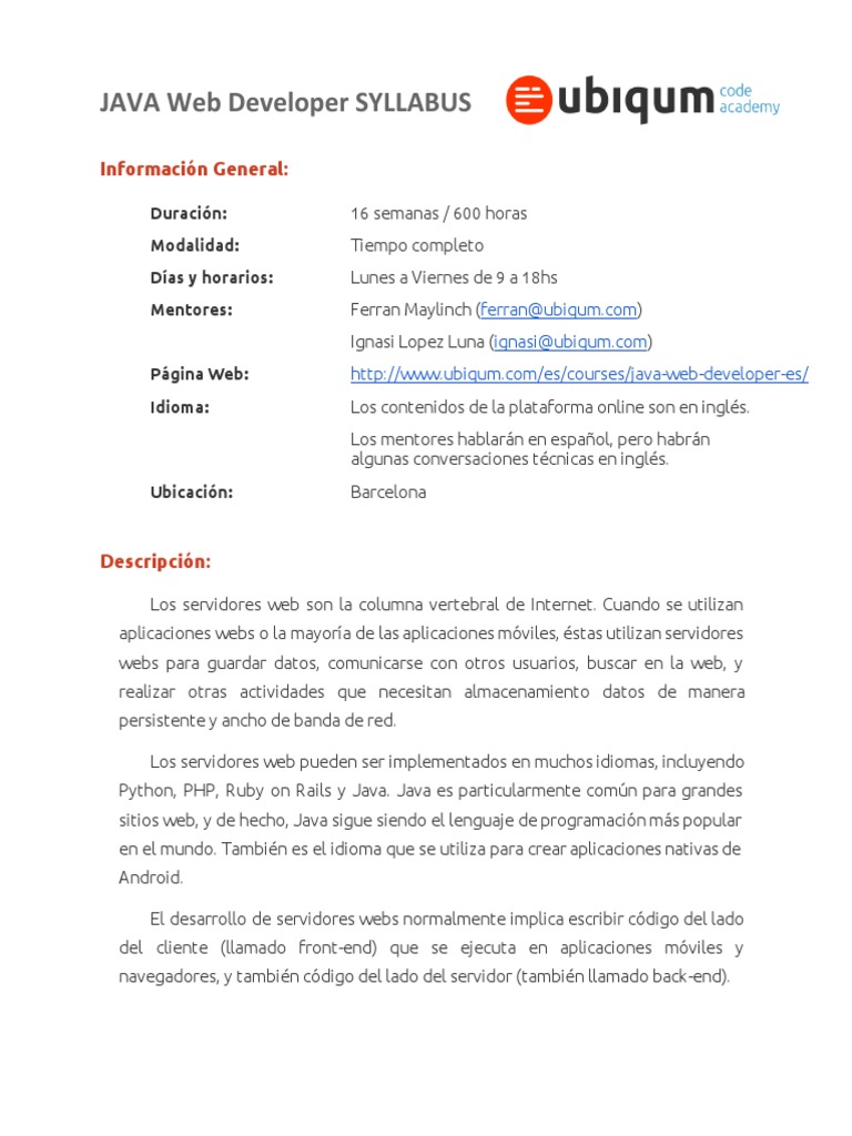 Syllabus Ubiqum JAVA - Español PDF | PDF | Página web | Java (lenguaje de programación)