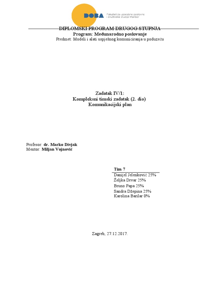 Komunikacijski Plan - Tim 7 | PDF
