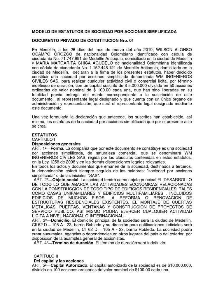 MODELO DE ESTATUTOS SAS - Corregido | PDF | Compartir (Finanzas ...
