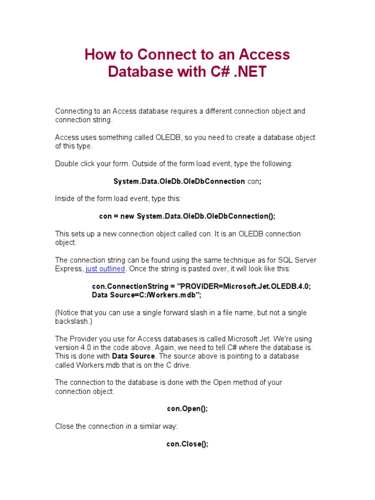 Connect Access Database with C# OLEDB | PDF | Computers