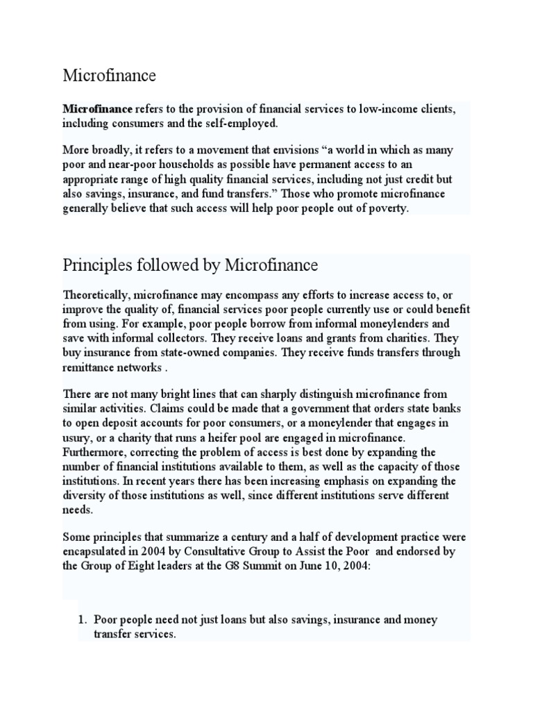 Microfinance: Microfinance Refers To The Provision of Financial ...