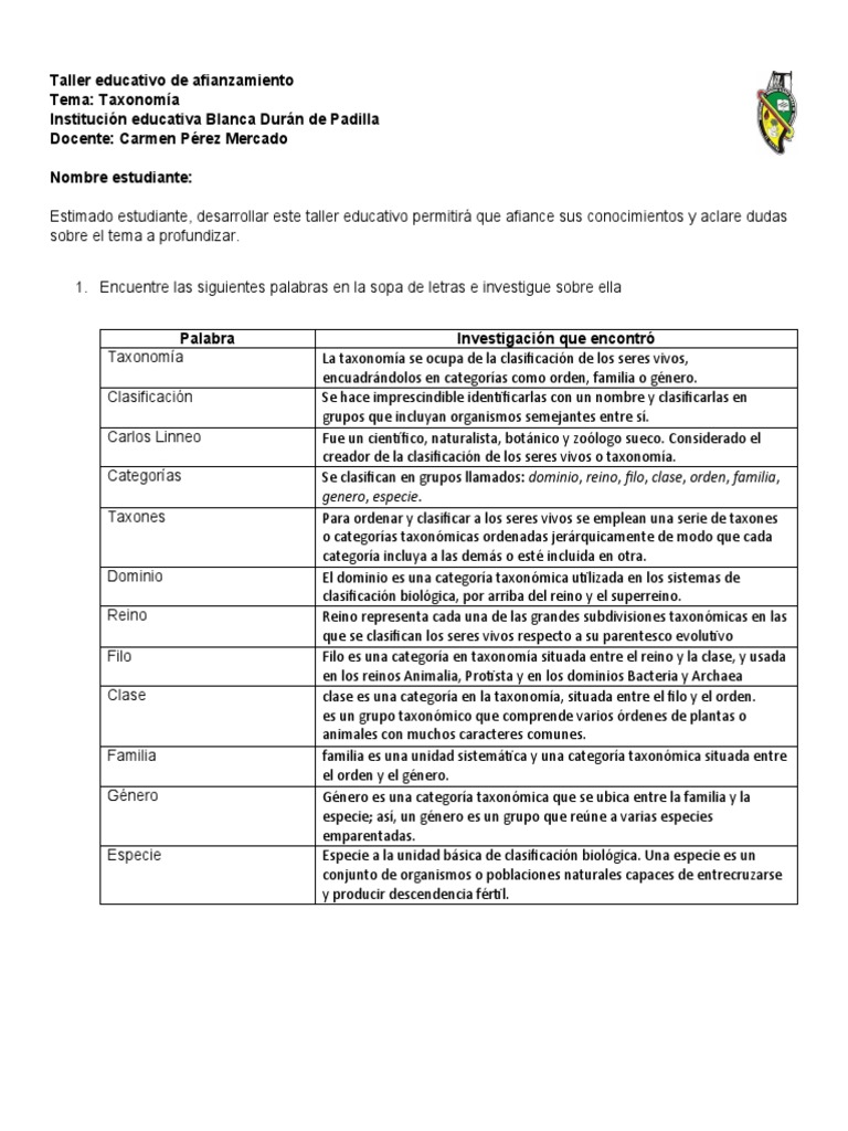 Taller Educativo de TAXONOMÍA Ciencia | PDF | Taxonomía (biología ...