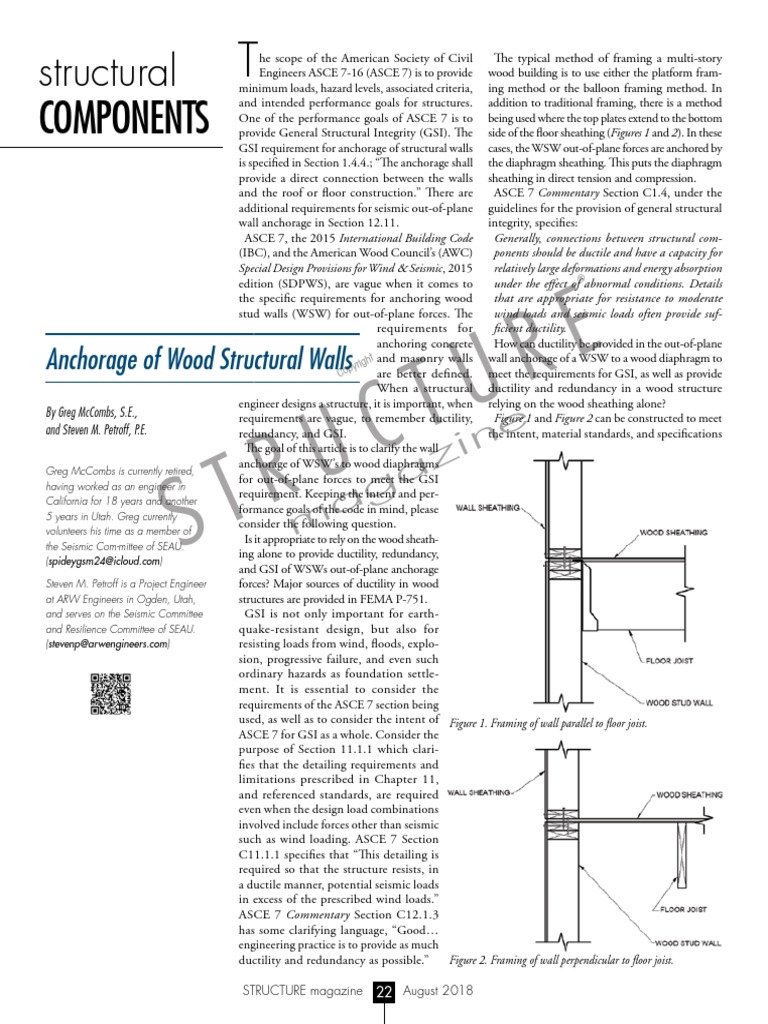 Structure Mag - 2018-08 - Anchorage of Wood Structural Walls | PDF ...