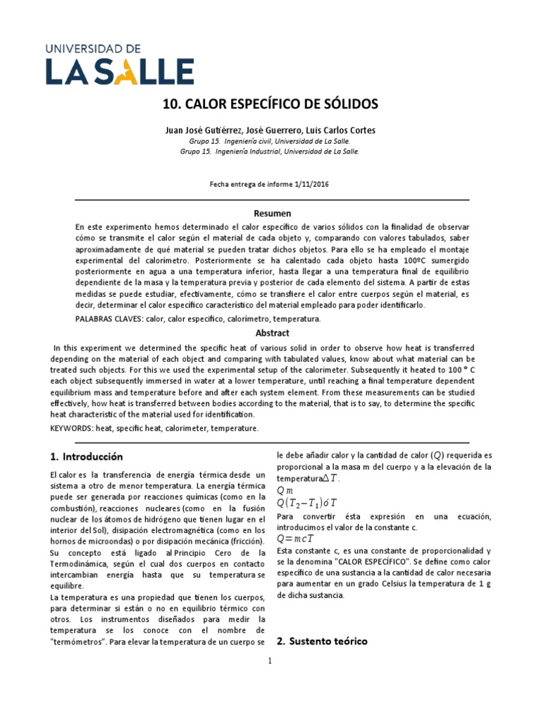 Calor Especifico | PDF | Calor | Temperatura