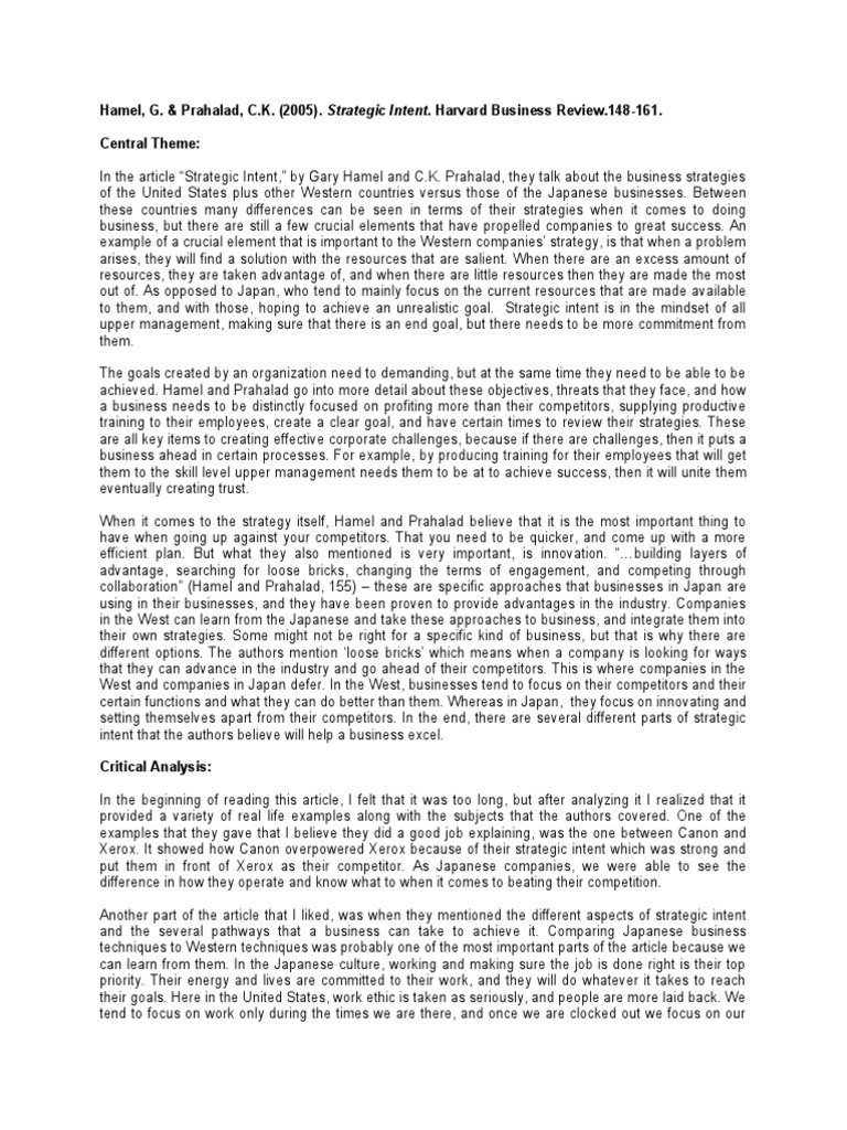 Hamel, G. & Prahalad, C.K. (2005) - Strategic Intent. Harvard Business Review.148-161. Central ...