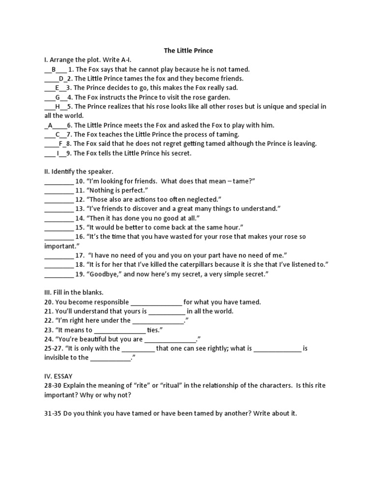 Little Prince Worksheet and Quiz | PDF | Art