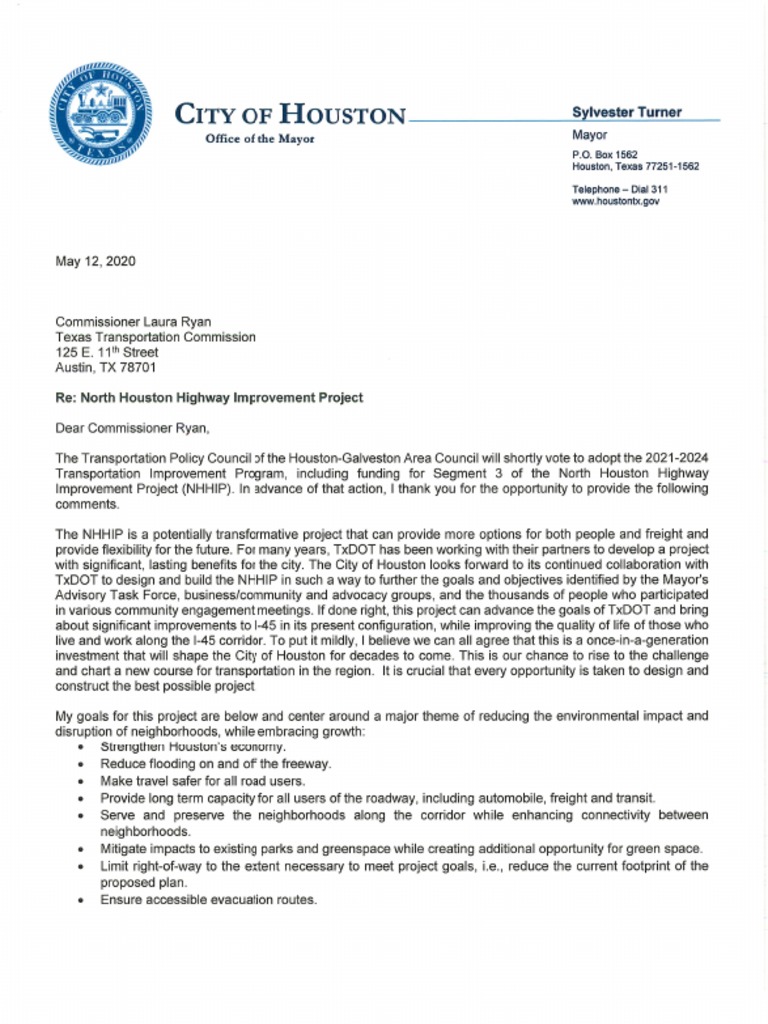 Houston Mayor Letter To TxDOT Regarding I-45 Project | PDF