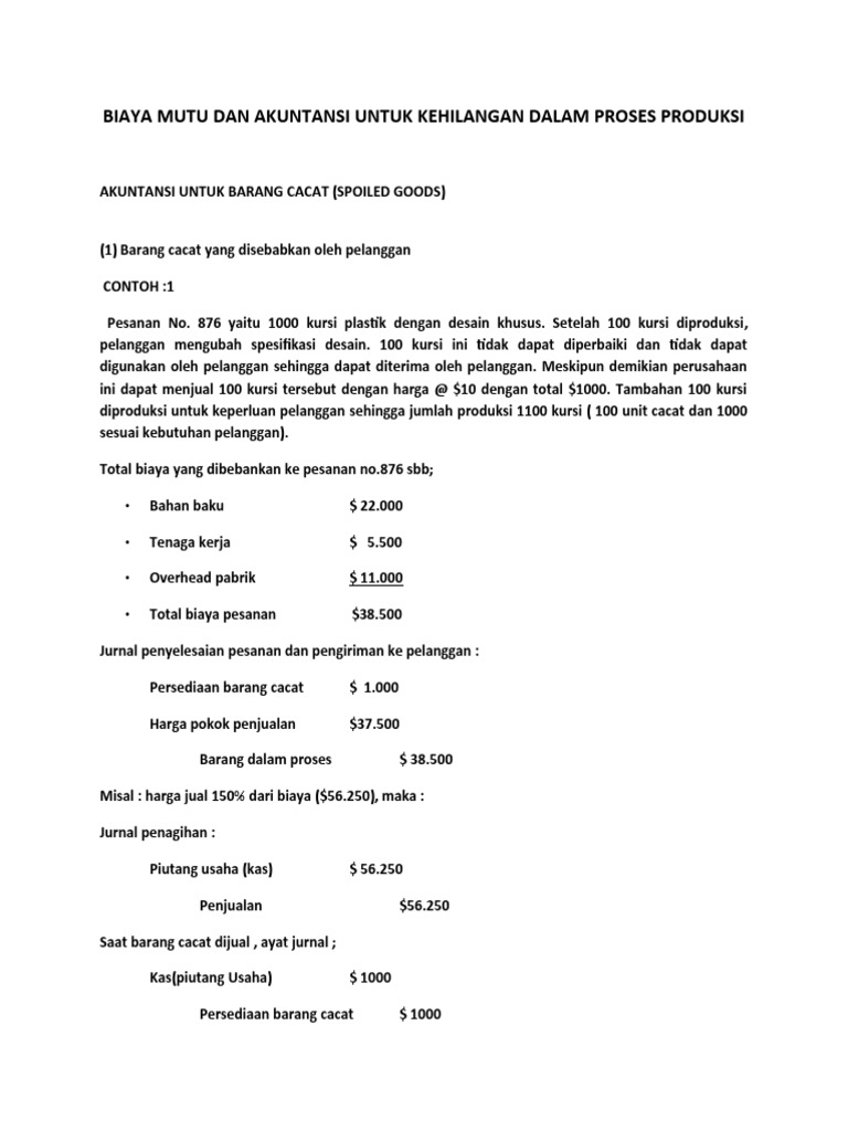 7 Contoh Soal Biaya Mutu Dan Akuntansi Untuk Kehilangan Dalam Proses Produksi | PDF