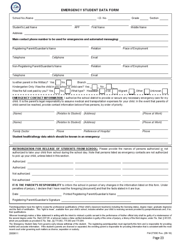 Emergency Student Data Form | PDF | Perjury | Telephone