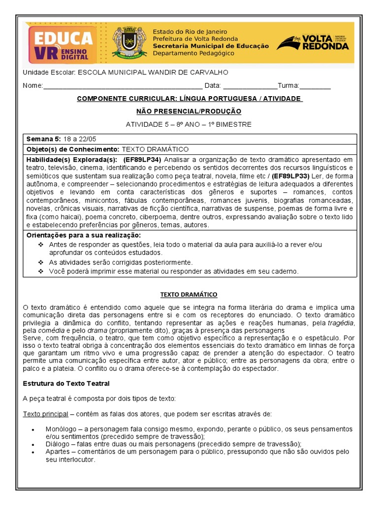 Atividade sobre Texto Dramático 8º Ano | PDF | Ator | Teatro