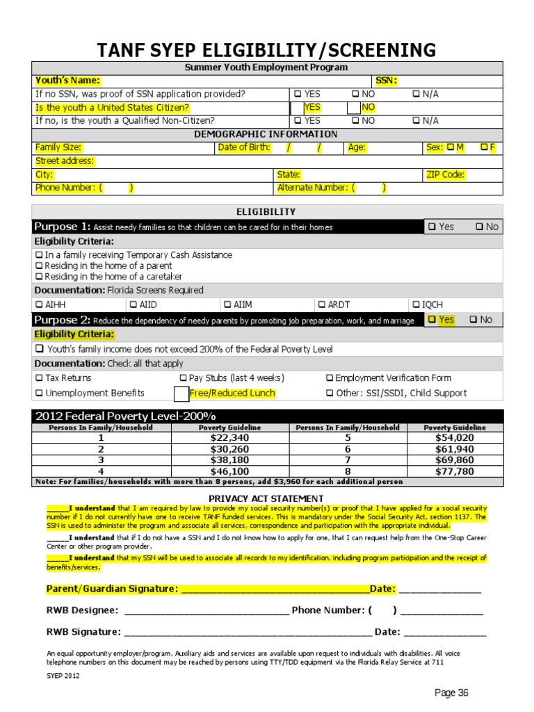 Tanf Syep Eligibility/Screening: Purpose 1 | PDF | Social Security ...