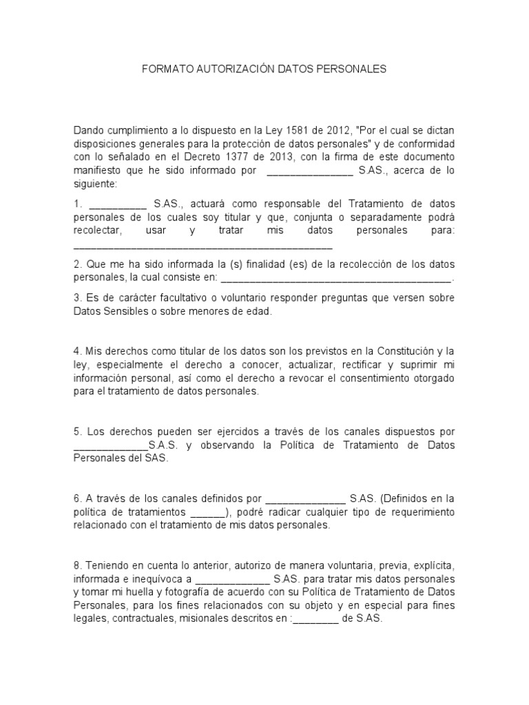 FORMATO AUTORIZACIÓN DATOS PERSONALES (Habeas Data) | PDF