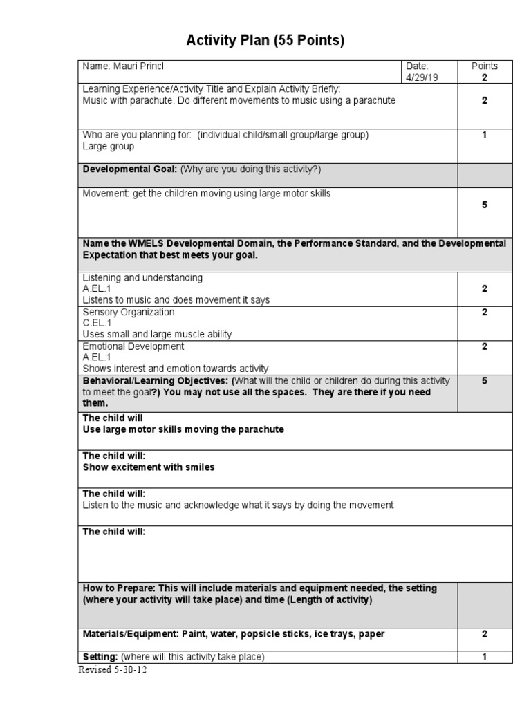 Activity Plan Music and Movement | PDF | Learning | Neuropsychology