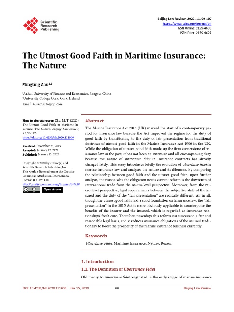 The Utmost Good Faith in Maritime Insurance The Na PDF | PDF ...