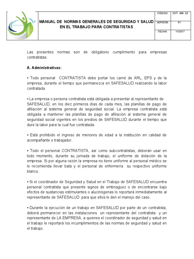 SST-MN-03-V1 - Manual Generales de Normas de Seguridad y Salud en El Trabajo para Contratistas ...