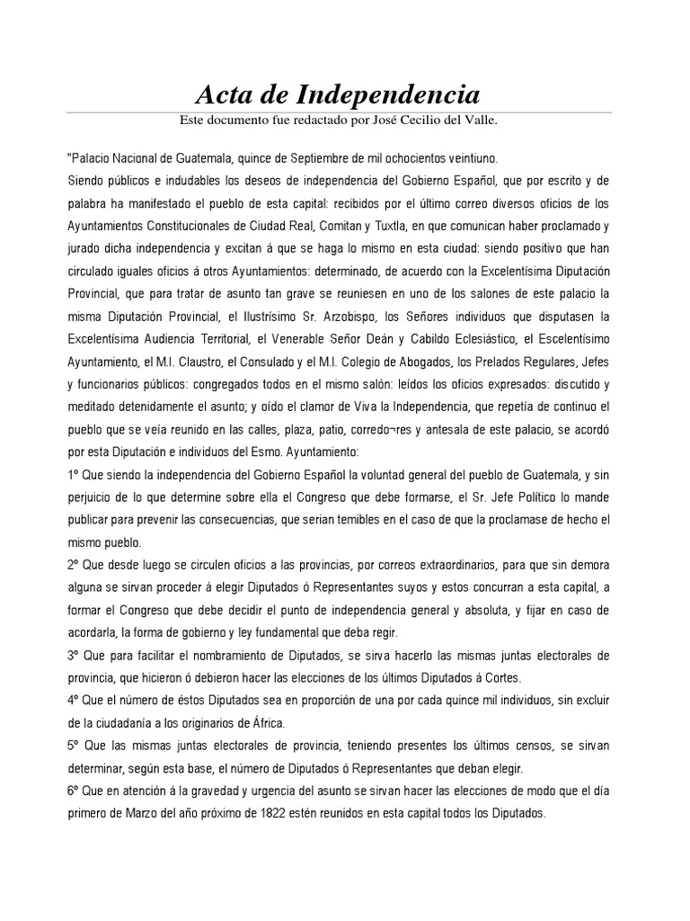 Acta De Independencia Centroamericana – IUQV