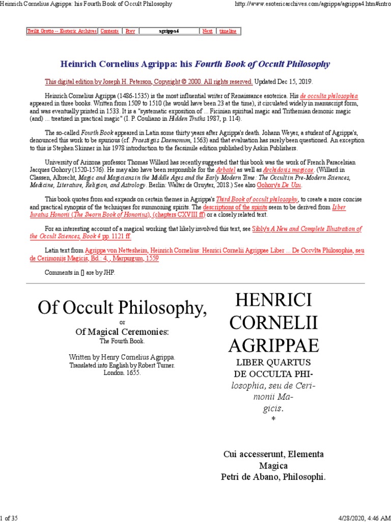 Heinrich Cornelius Agrippa - His Fourth Book of Occult Philosophy | PDF ...