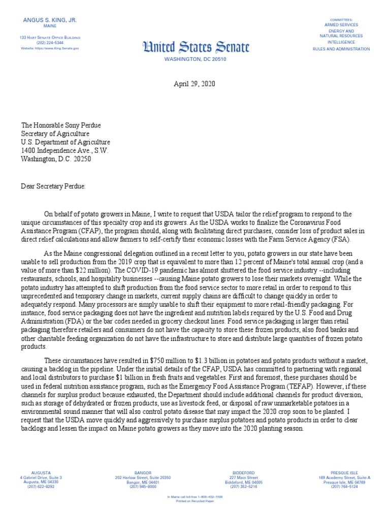 04.29.2020 Letter To USDA Re CFAP Potato Growers Concerns | PDF ...