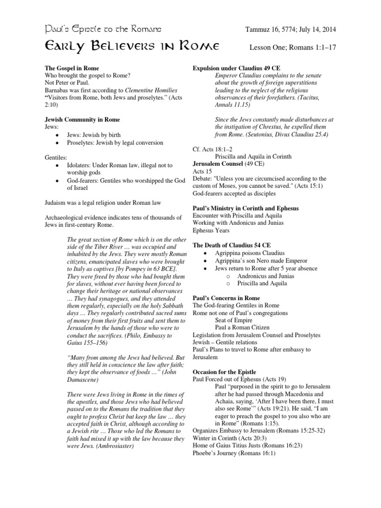 Paul's Epistle To The Romans: Early Believers in Rome | PDF | Epistle ...