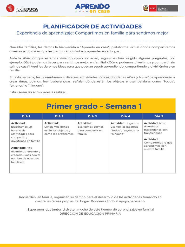 Primer grado - Semana 1: Planificador De Actividades | Educación ...