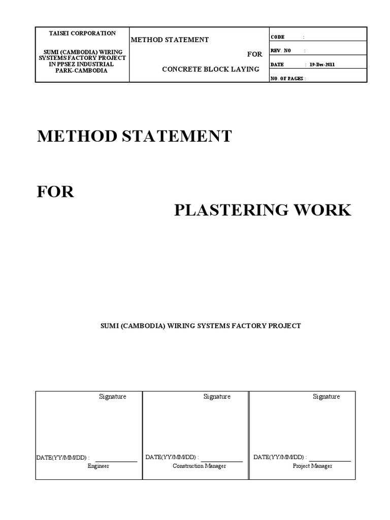 Method Statement FOR Plastering Work | PDF
