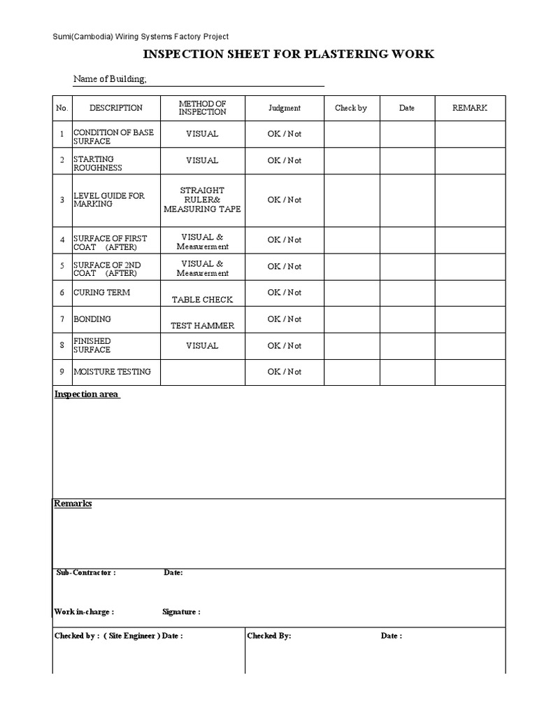 Plastering Work Inspection Sheet | PDF | Building | Architectural Elements