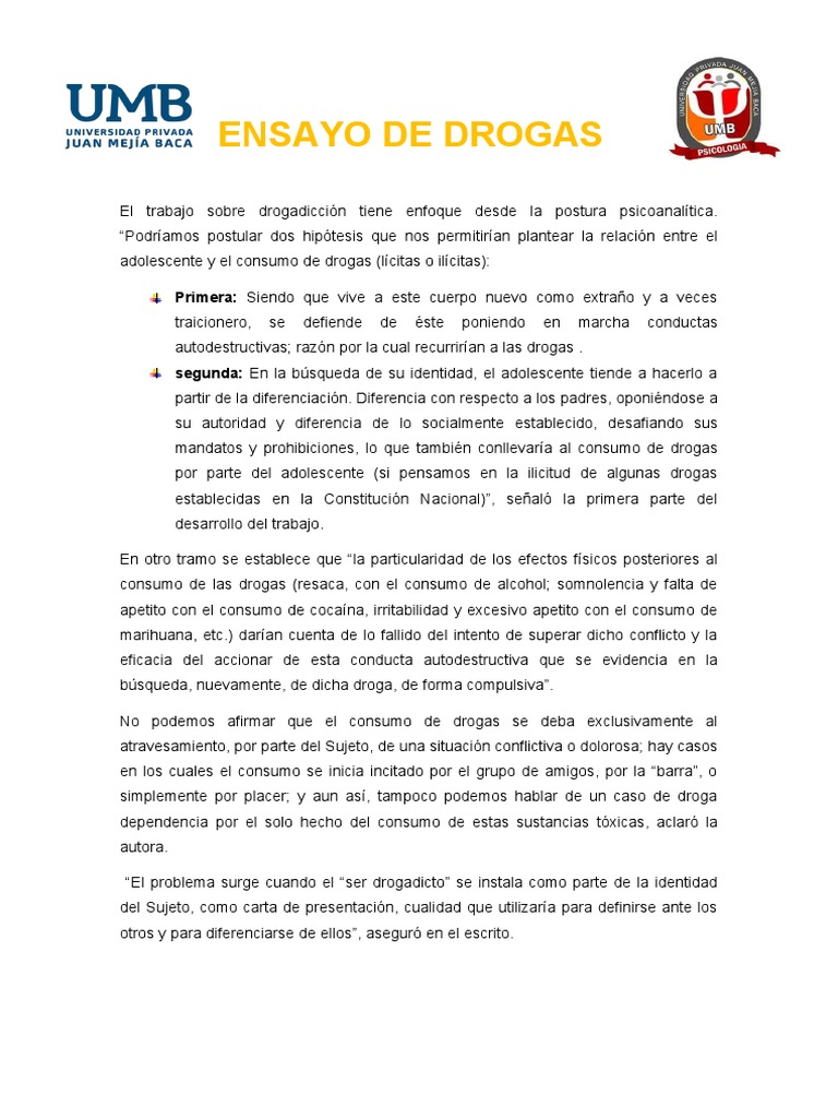 Ensayo Drogas | PDF | La dependencia de sustancias | Drogas