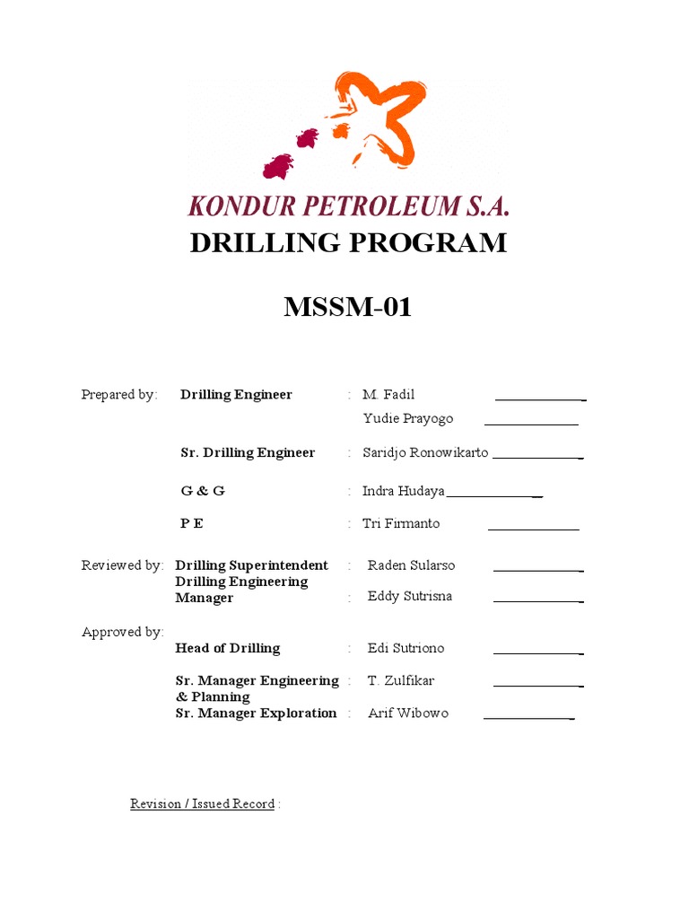 Drilling Program MSSM01 280808 SPUD Rev00 | PDF | Casing (Borehole ...