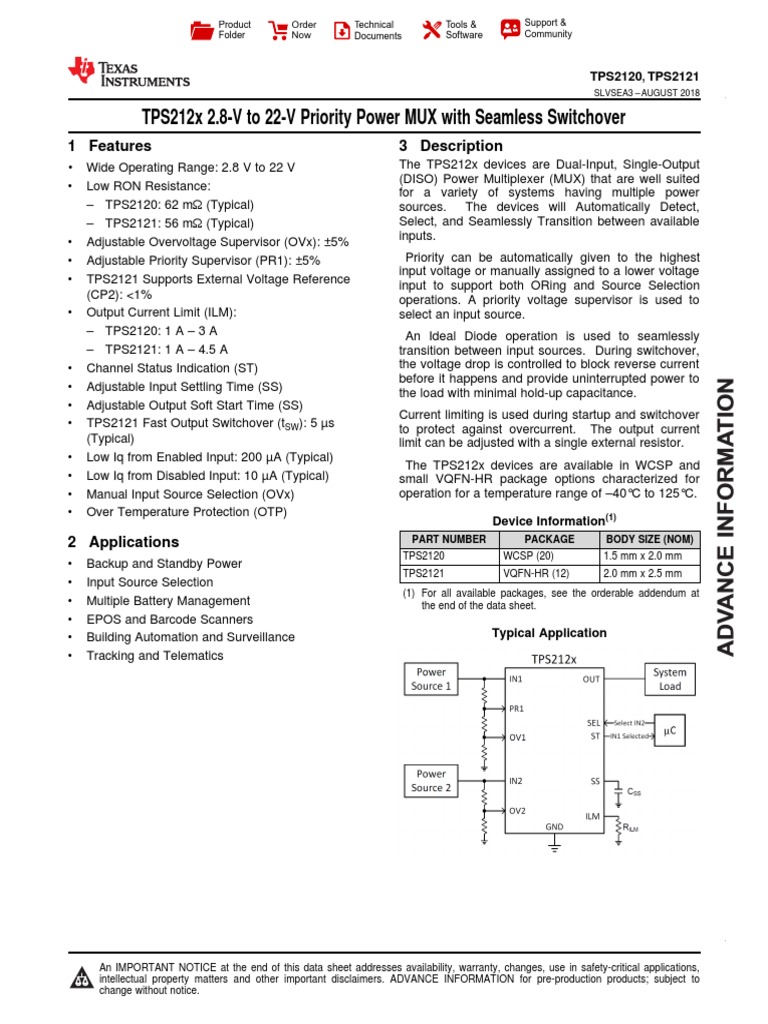 TPS212x 2.8-V To 22-V Priority Power MUX With Seamless Switchover | PDF ...