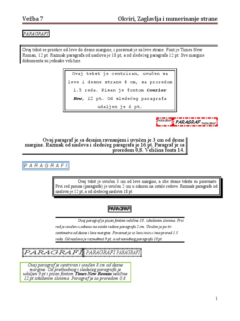 WORD Vezba 7 Okviri, Zaglavlja I Numerisanje Strane | PDF