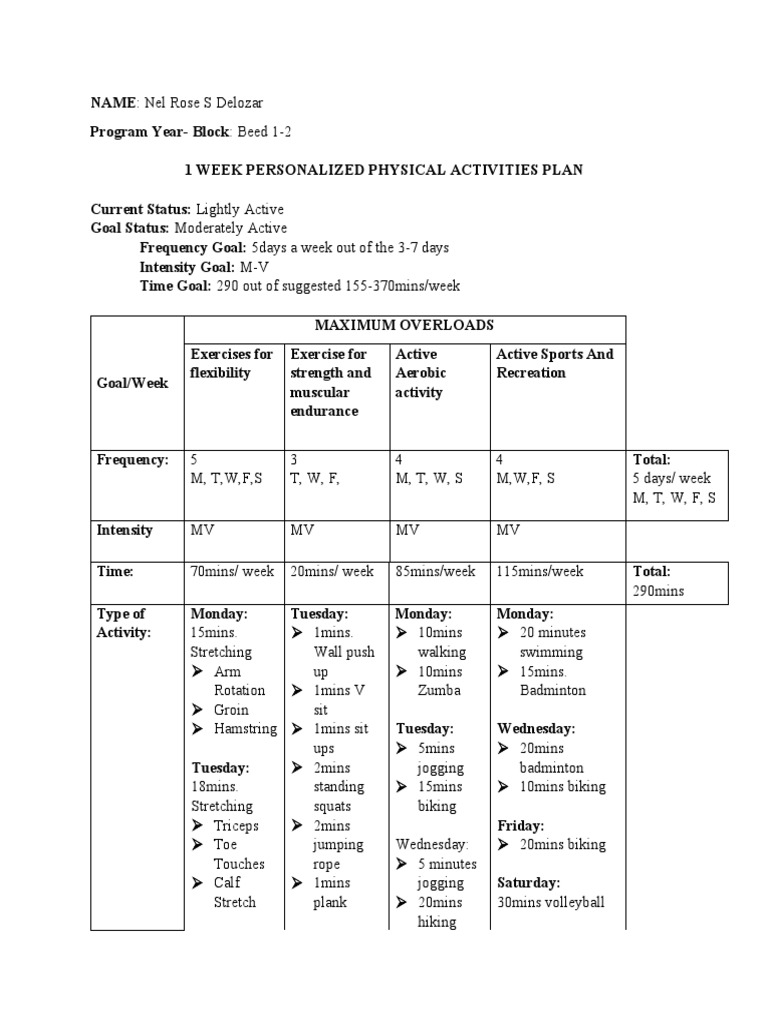 Personalized 1 Week Physical Activity Plan | PDF | Hobbies | Management ...