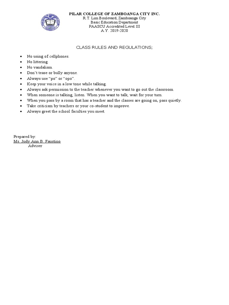 Class Rules and Regulations | PDF