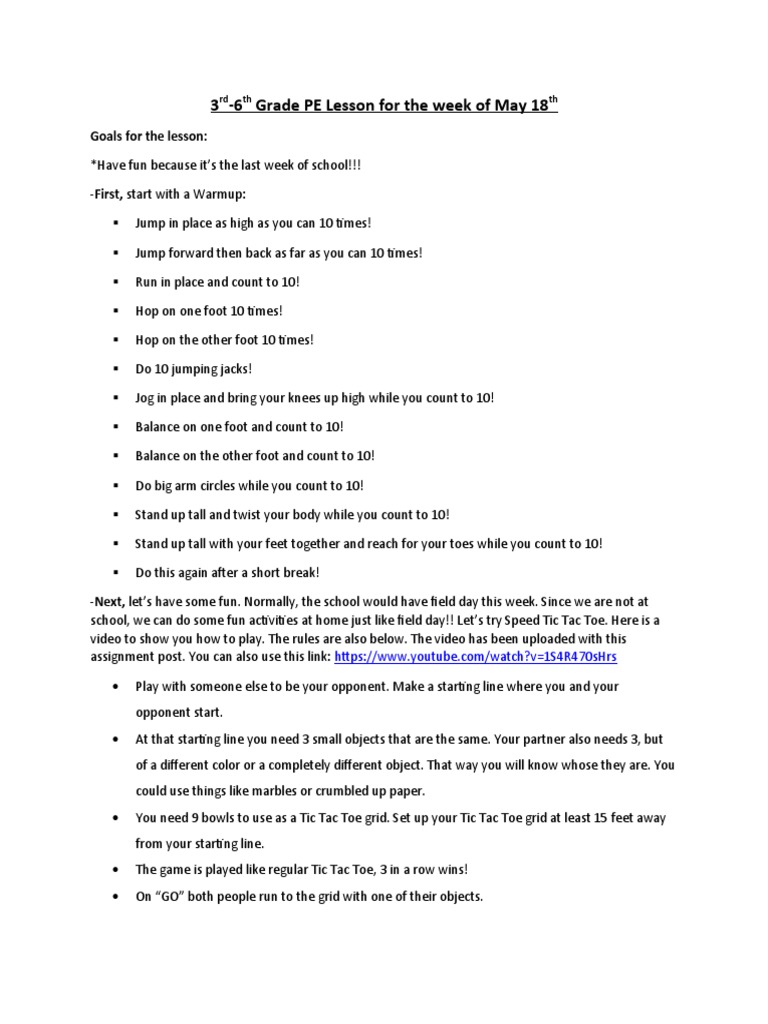3 - 6 Grade PE Lesson For The Week of May 18 | PDF | Sports | Leisure