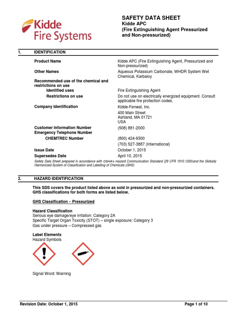 Safety Data Sheet: Kidde APC (Fire Extinguishing Agent Pressurized and ...