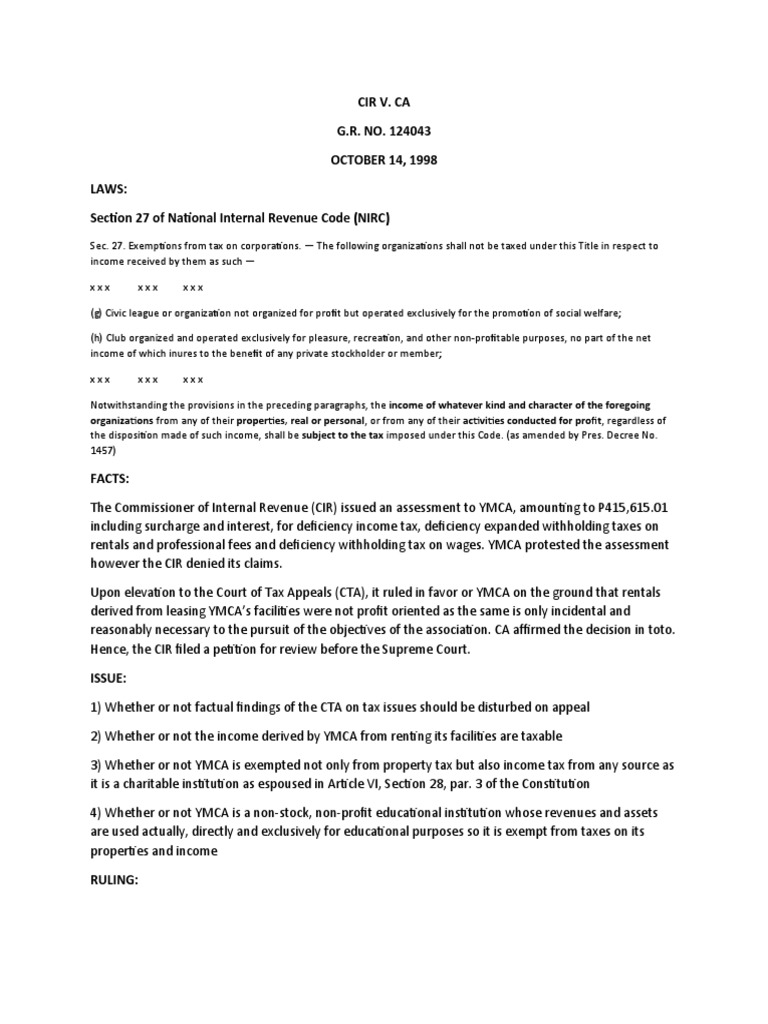 Cir V. Ca G.R. NO. 124043 OCTOBER 14, 1998 Laws: Section 27 of National ...