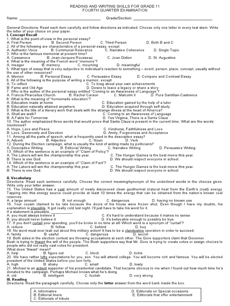 Grade 11 Reading & Writing Exam | PDF | Sentence (Linguistics) | Part ...